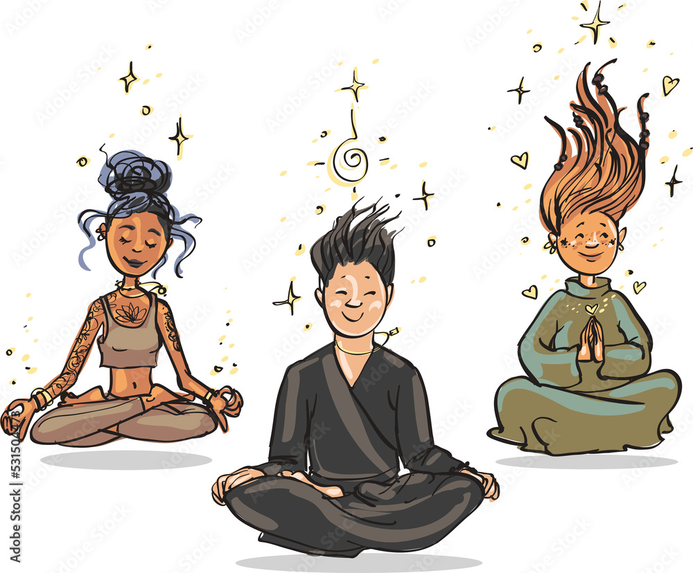 Meditating people. Cartoon vector illustration. Friends meditate ...