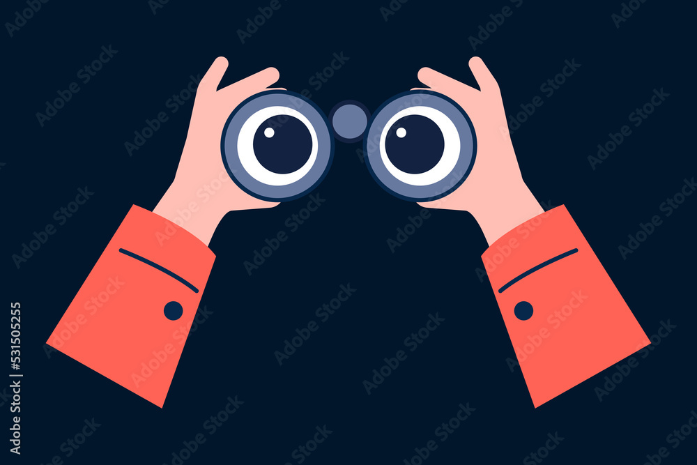 Binocular in hands. Looking and explore, searching through binoculars ...