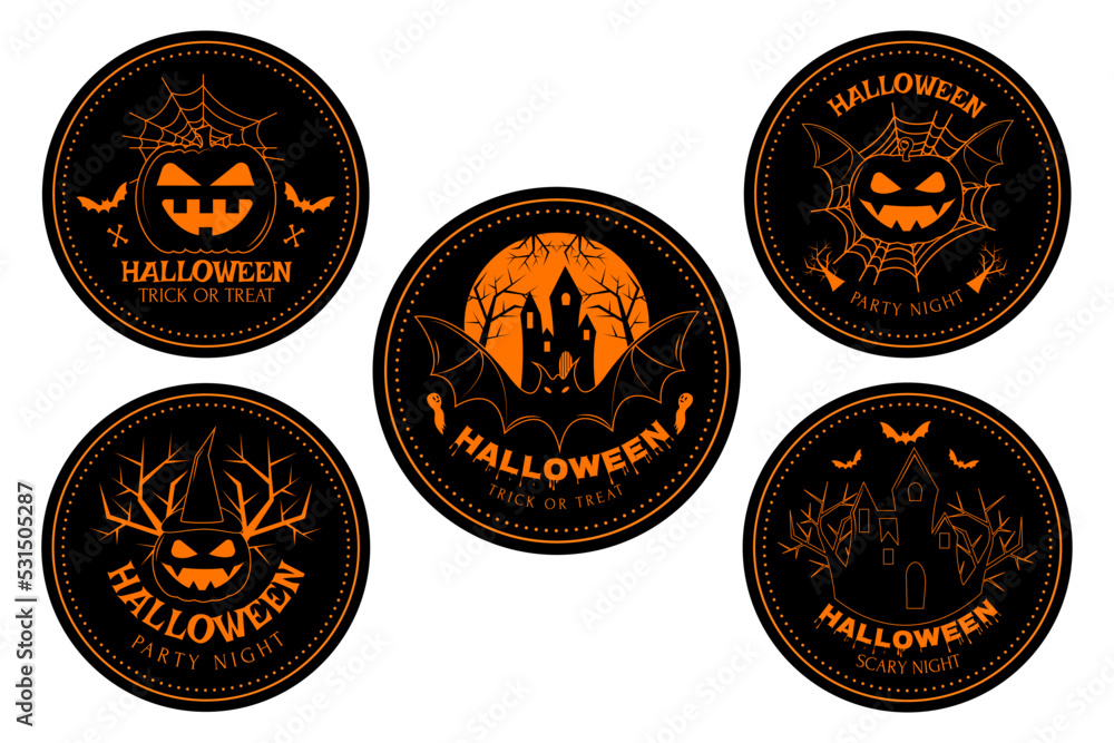 Halloween round badges emblems stickers collection with horror scary ...