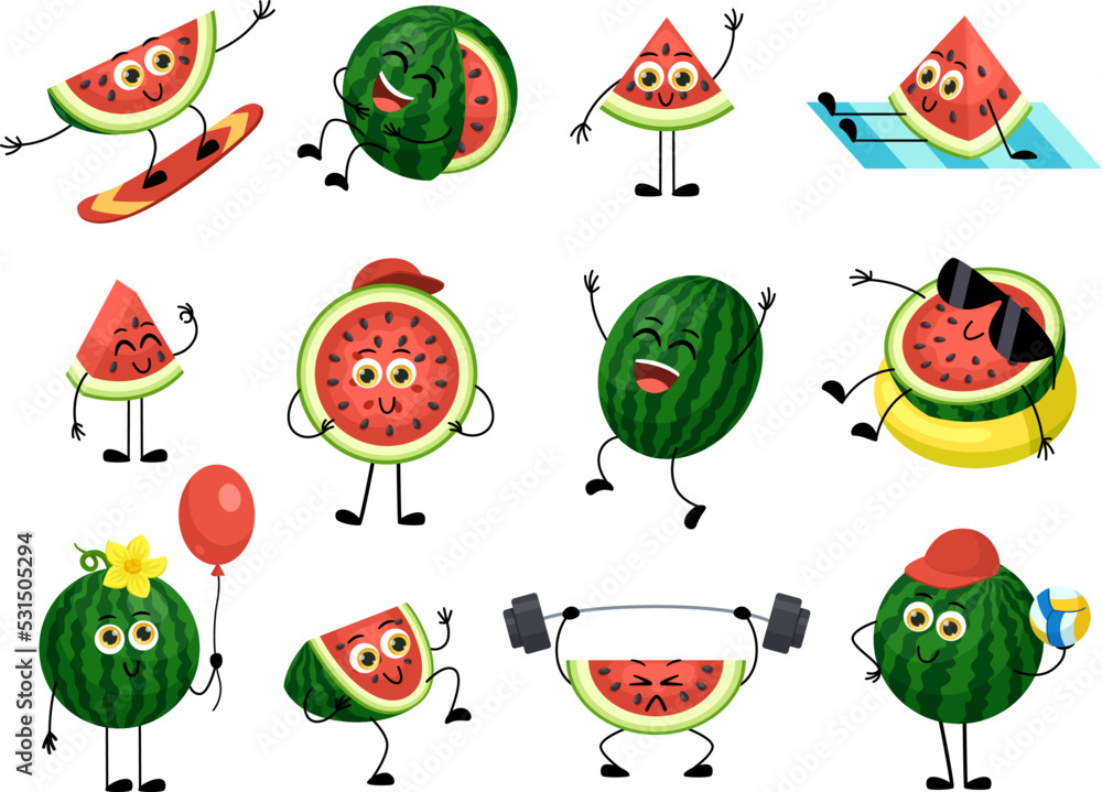 Watermelon funny cartoon characters joyful freetime. Isolated fruits ...