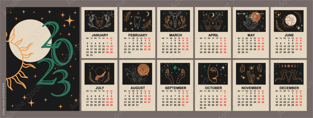 Magic calendar 2023. Mystical sun, creatures, magic items. Boho style ...