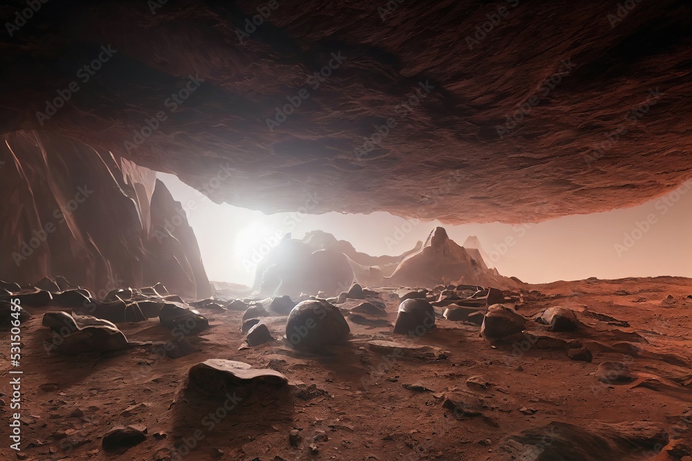 Huge caves and grottoes discovered on the planet mars, landscape on ...