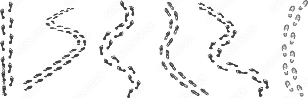 Human feet traces. Foot steps silhouettes, footstep trail track walk ...