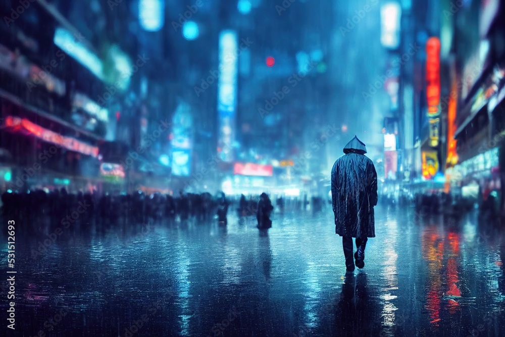 A futuristic neon city. A man in a raincoat walks down the street of ...