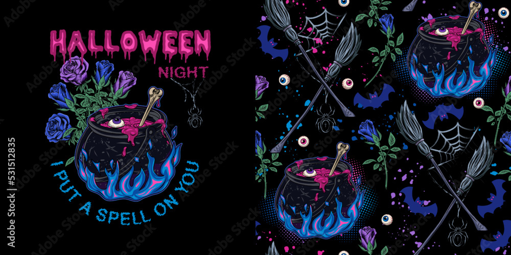Set of halloween pattern and logo with witch cauldron with bubbling ...