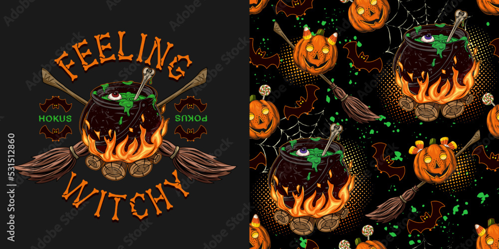 Set of halloween pattern, logo with witch cauldron with bubbling green ...