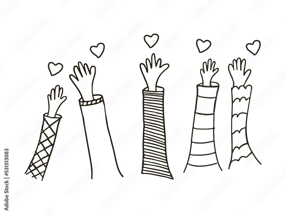 Volunteers and charity work. Raised helping hands. Vector hand drawn ...
