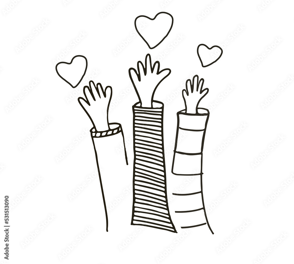 Volunteers and charity work. Raised helping hands. Vector hand drawn ...