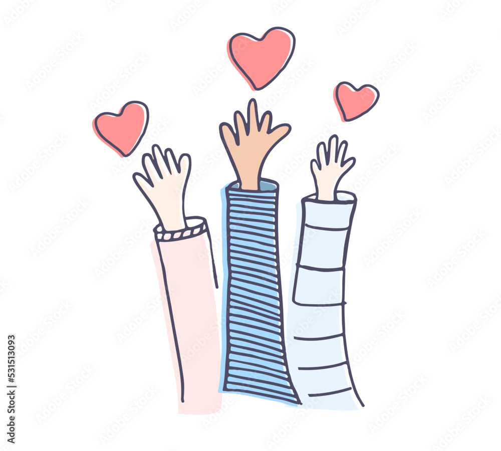 Volunteers and charity work. Raised helping hands. Vector hand drawn ...
