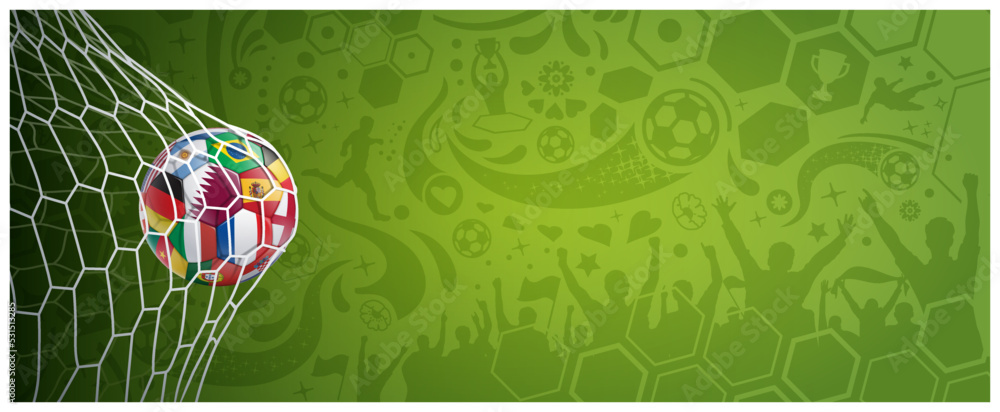 Poster ARRIÈRE-PLAN FOOTBALL VERT ET BALLON AVEC DRAPEAUX ET FILET ...