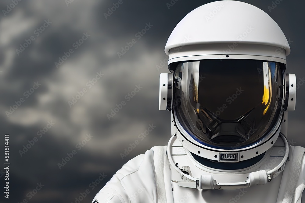 Model in a white astronaut suit with a helmet. There is a large glass ...