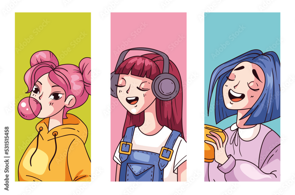 Anime manga japan girls woman cute characters cards isolated set ...