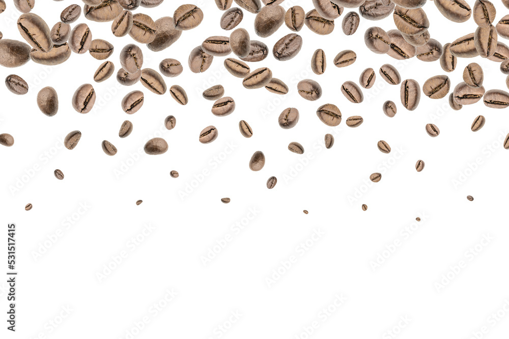 Coffee flying bean background. Black espresso grain falling. Rustic ...