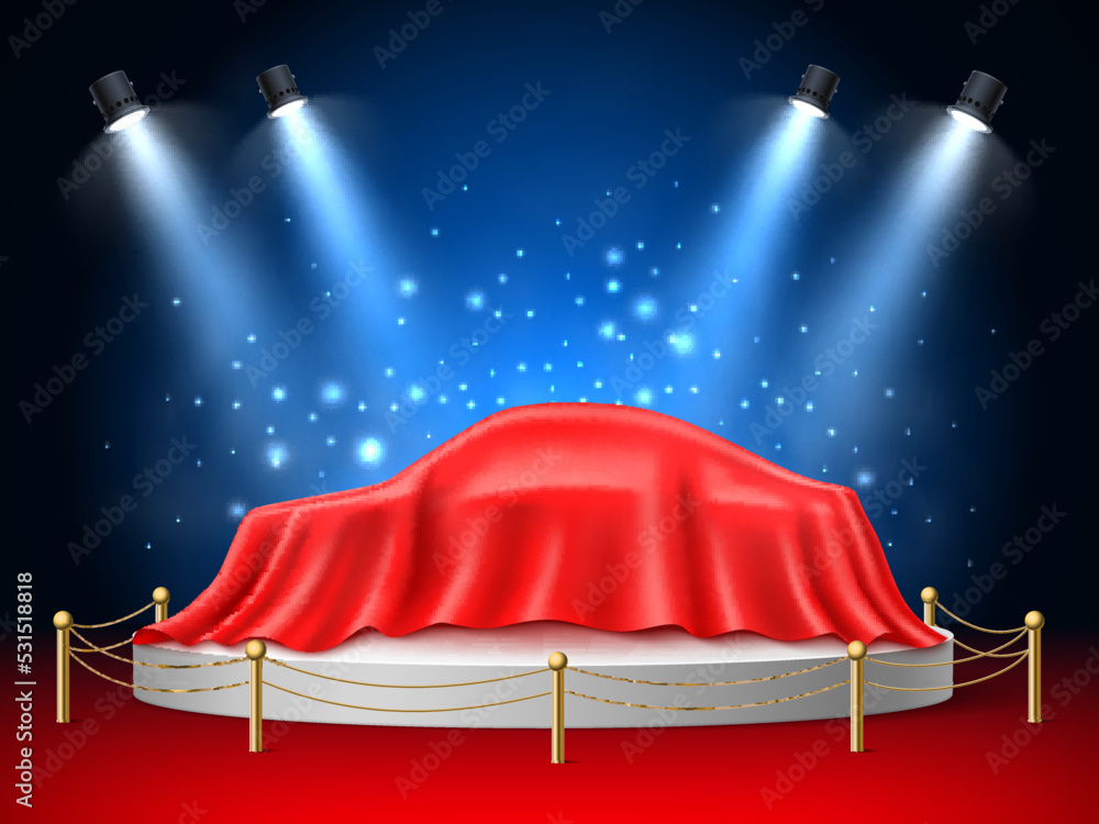 Red silk car covered. Realistic secret gift hidden under cloth, textile ...