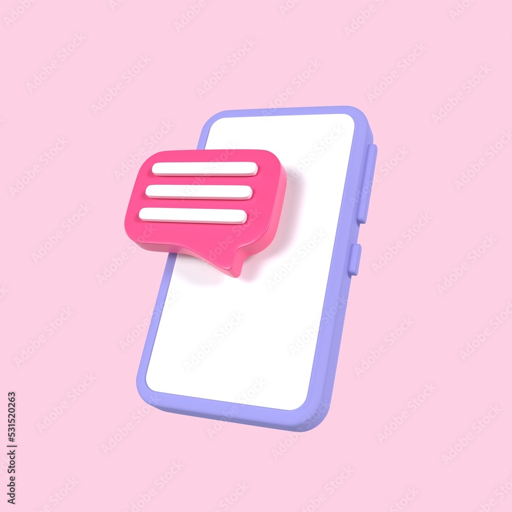 3D phone display notification speech bubble on screen. Realistic render ...