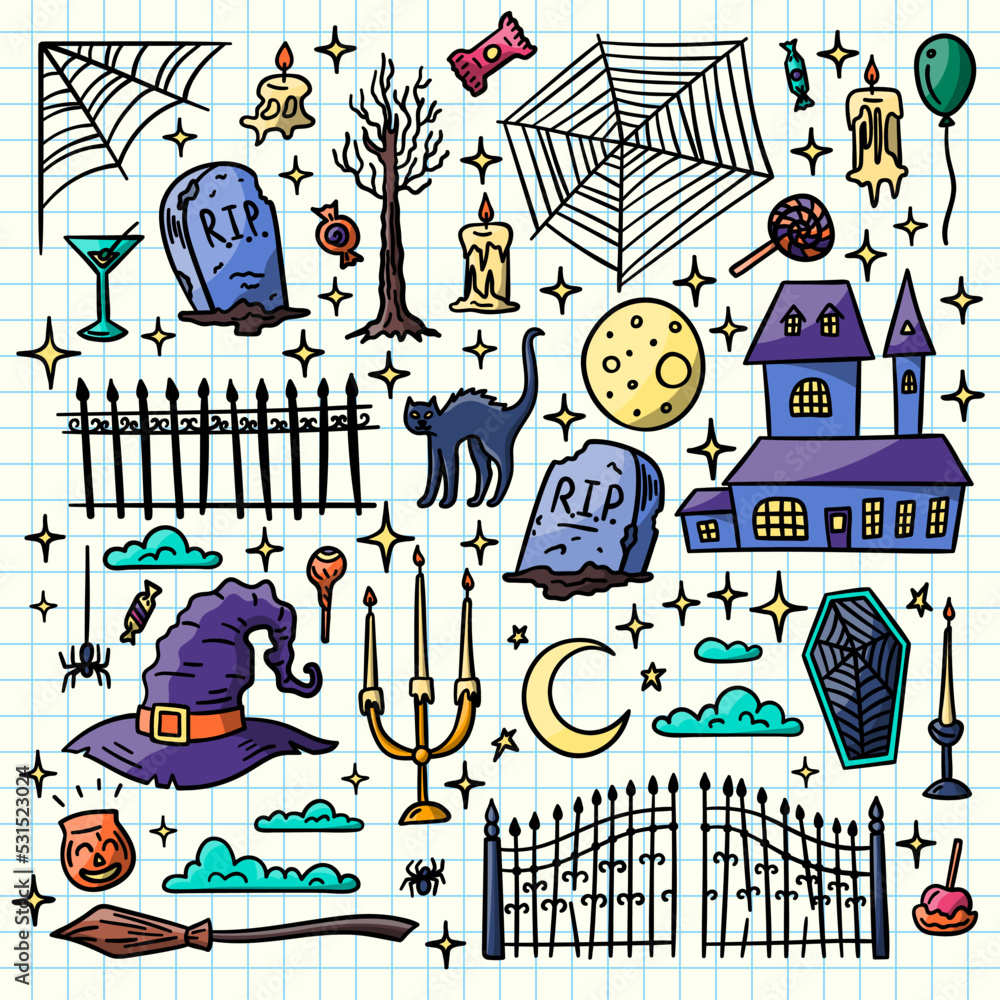 Vector Halloween hand drawn doodle objects set with spider web, creepy ...