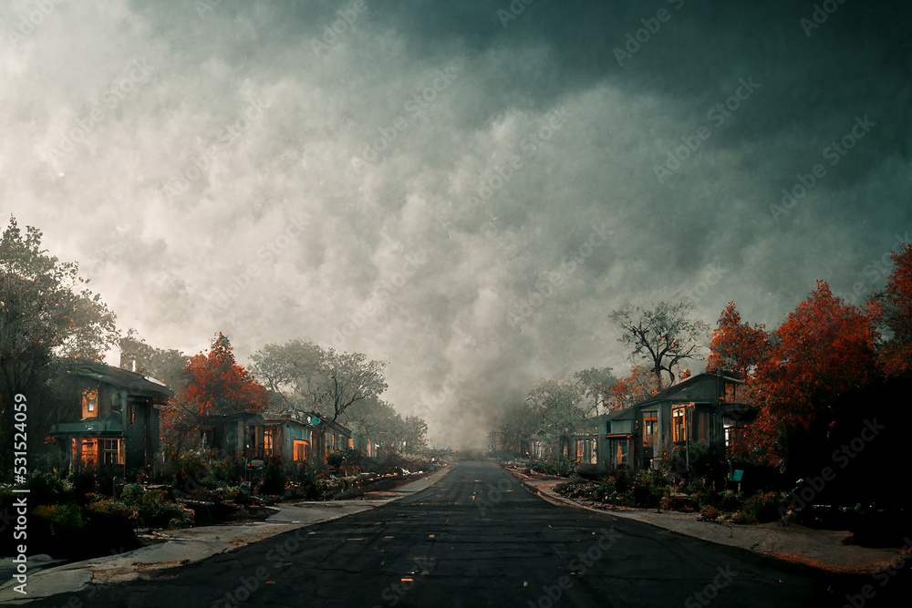 Empty Autumn Street of American Suburb in Mystic Atmosphere 3D Art ...