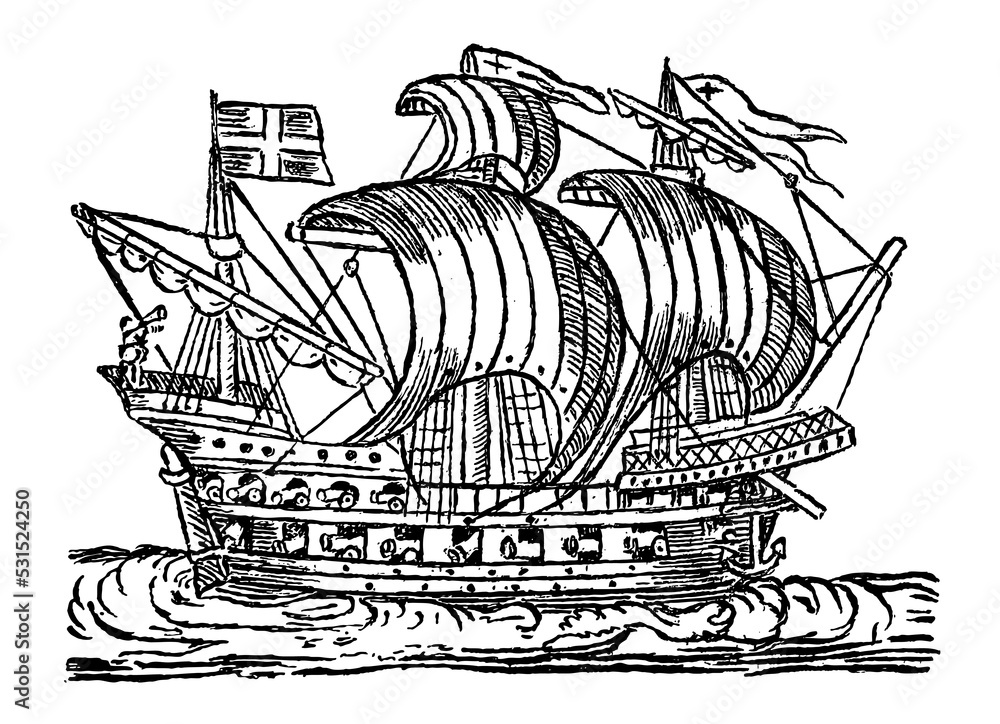 Antique naval sailing ship in side view on wavy sea. Illustration after ...