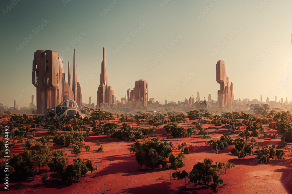 Sci-Fi Futuristic City Skyline on Extraterrestrial Red Desert 3D Art ...