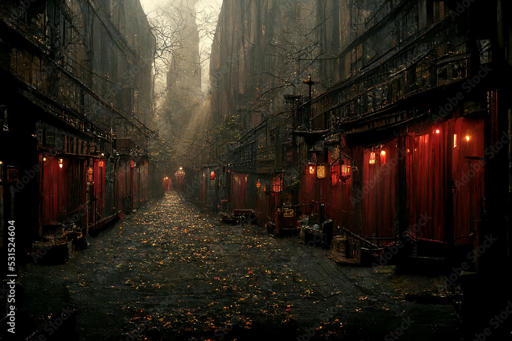 Mystical Empty Hidden Alley of Autumn Ancient Asian Town 3D Art Illustration. Red Lights Street ...