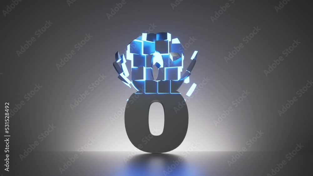 animated 3d countdown from 10 to 1, digital numbers crumble into cubic ...