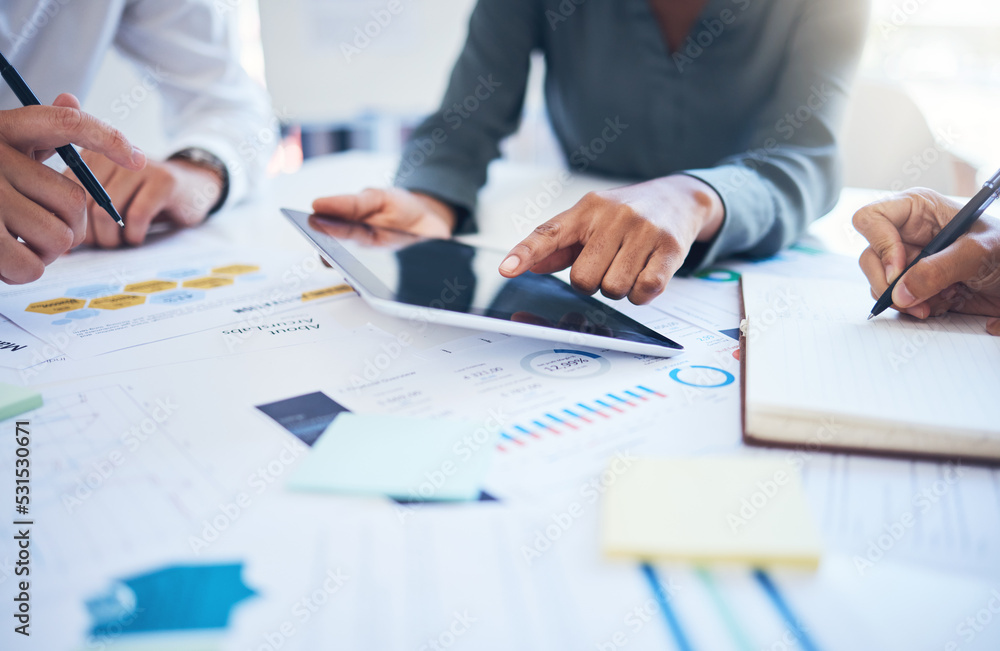 Business people, digital marketing and tablet in meeting with data ...