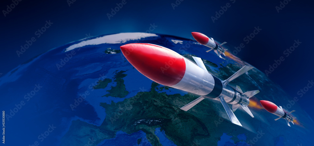 Missiles in space. Military aggression. Launching nuclear bomb ...