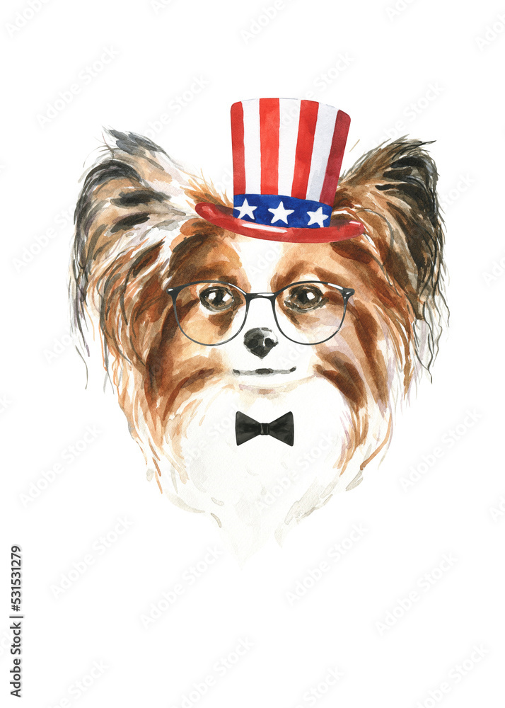 Watercolor papillon illustration, cute dog breed, hipster portrait ...