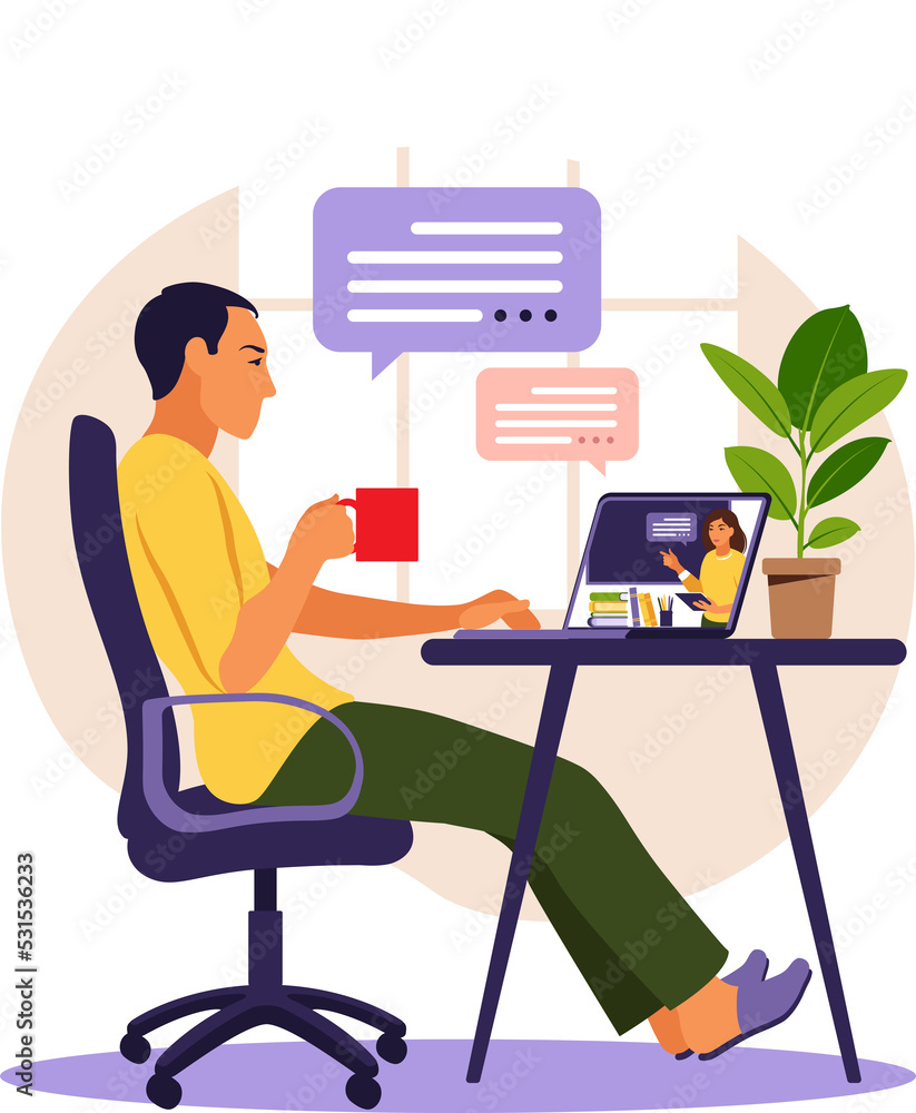 Young man study at computer. Online learning concept. Video lesson ...