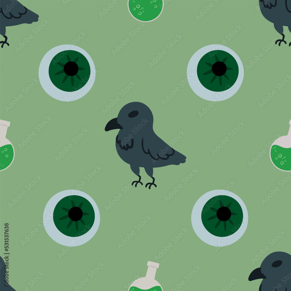 Halloween pattern concept. Repeating crows eyes and potion bottles ...