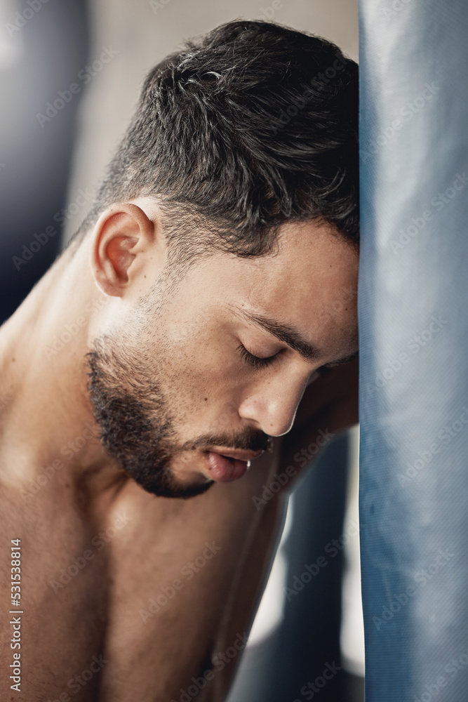 Tired, challenge and sad boxing man break, quit and training fatigue ...