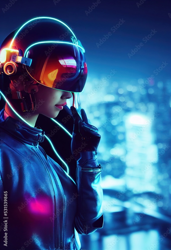 Portrait of a fictional futuristic female pilot in an aviation helmet ...