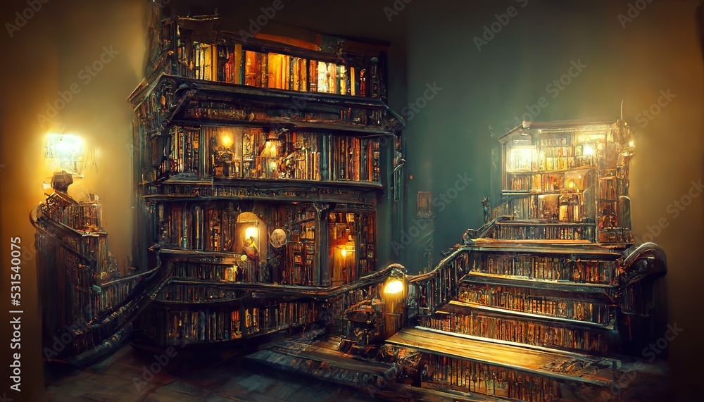 Fantasy library with hundreds of books Stock Illustration | Adobe Stock