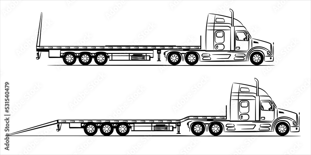 American Flatbed trailer truck abstract silhouette on white background ...