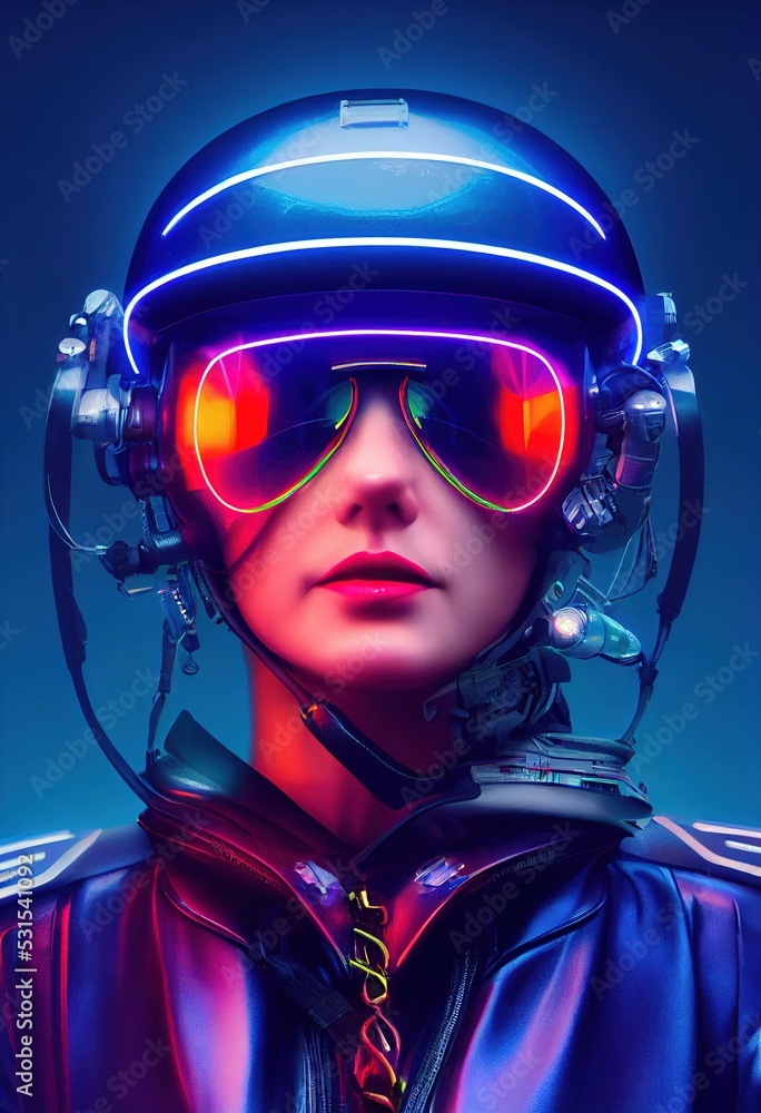 Portrait of a fictional futuristic female pilot in an aviation helmet ...