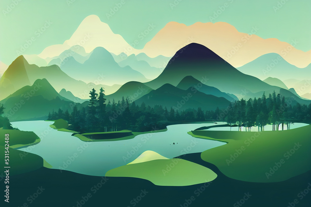 Beautiful on the theme of the morning landscape, Forest and lake ...