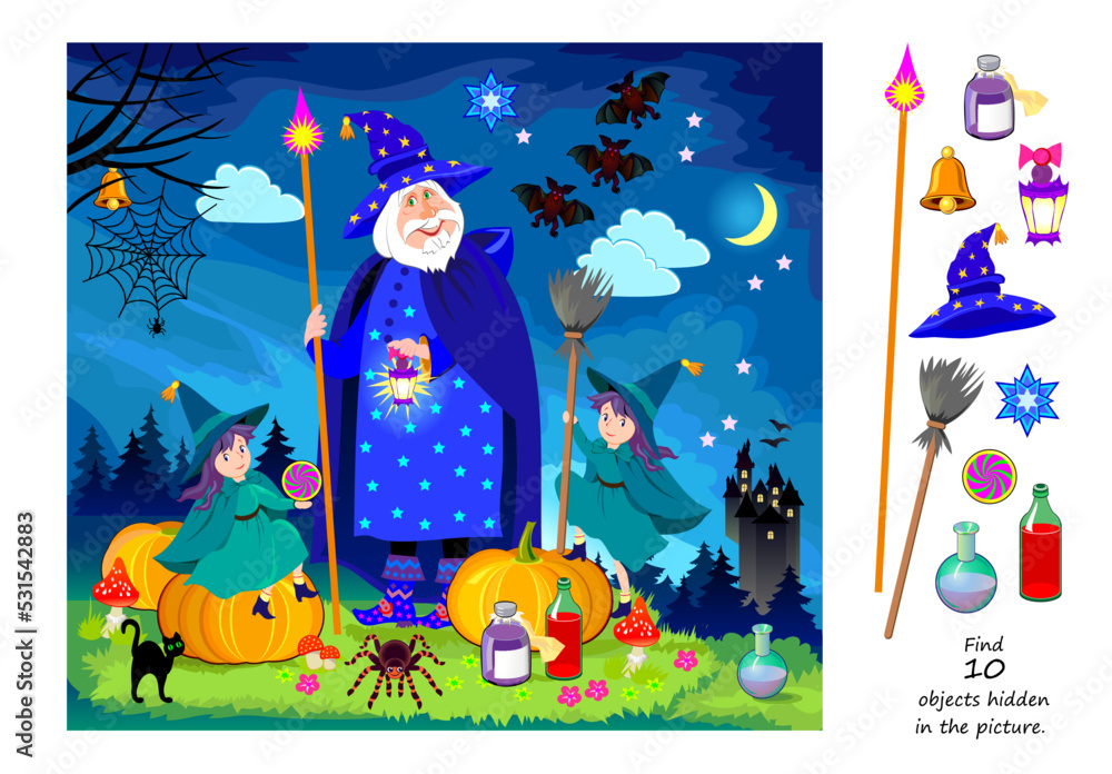 Logic puzzle game for kids. Find 10 objects hidden in the picture ...