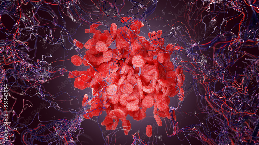 Clot of blood cells, 3d rendering. Chaotic blood cells on background of ...
