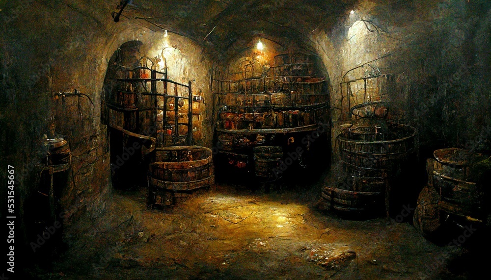Medieval dungeon and torture chamber with torches and barrels Stock ...