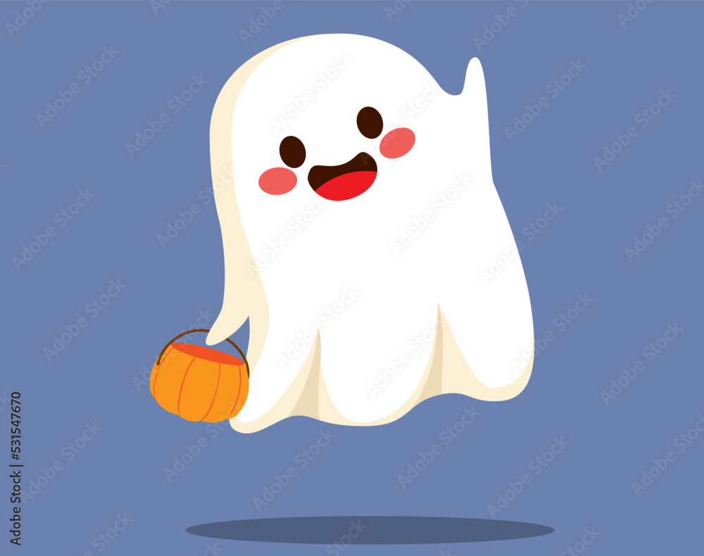 Cute ghost with happy smiling face expression floating with Halloween ...