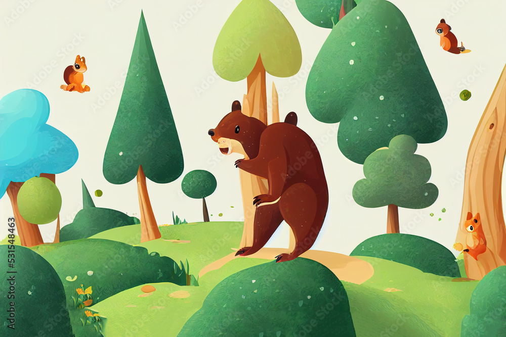 Cartoon forest animals. Wild bear, funny squirrel and cute birds on ...