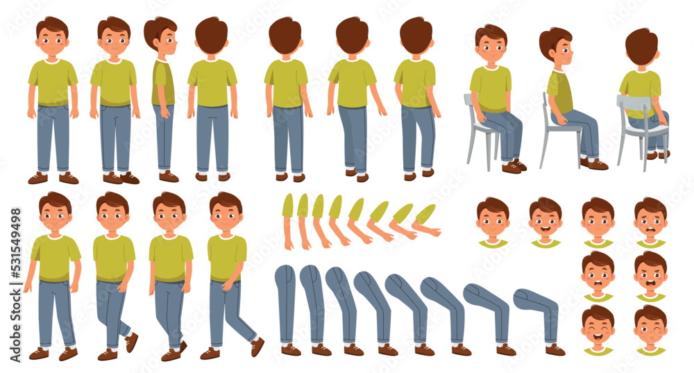Man Character Constructor For Animation Set Of Different Elements Of Arms Legs Faces Poses