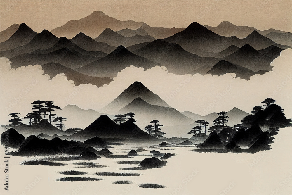 Landscape with mountains, Traditional Japanese ink painting sumi-e ...