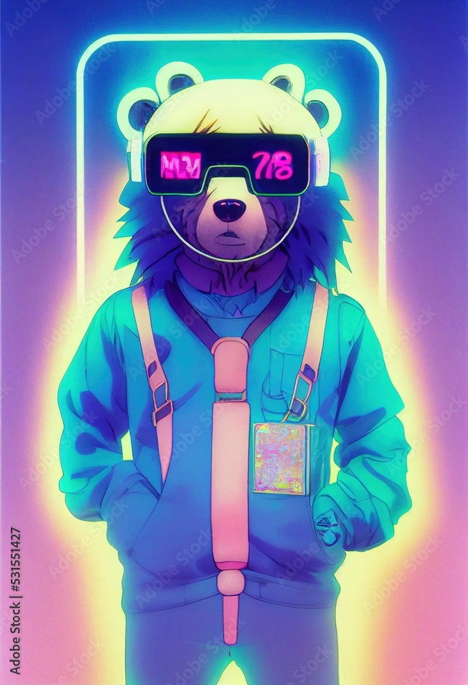 Cyberpunk Bear. Anime Animal wearing suspenders and a vaporwave goggles ...