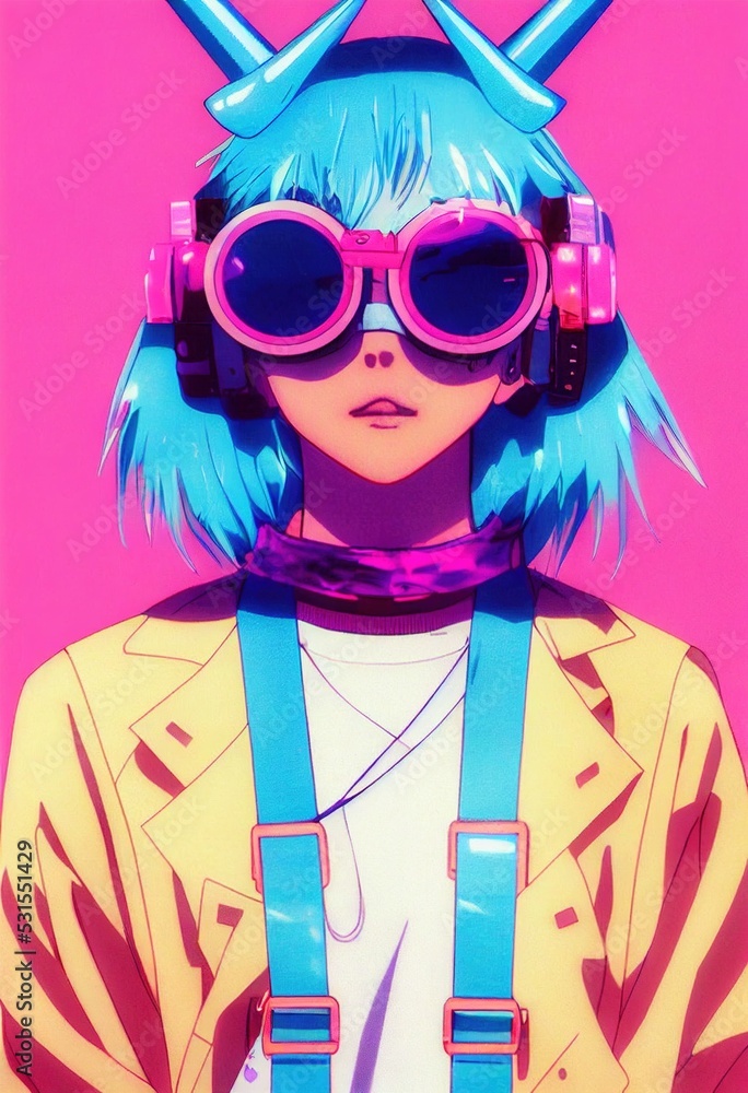 Anime girl wearing suspenders and a vaporwave goggles made from a ...
