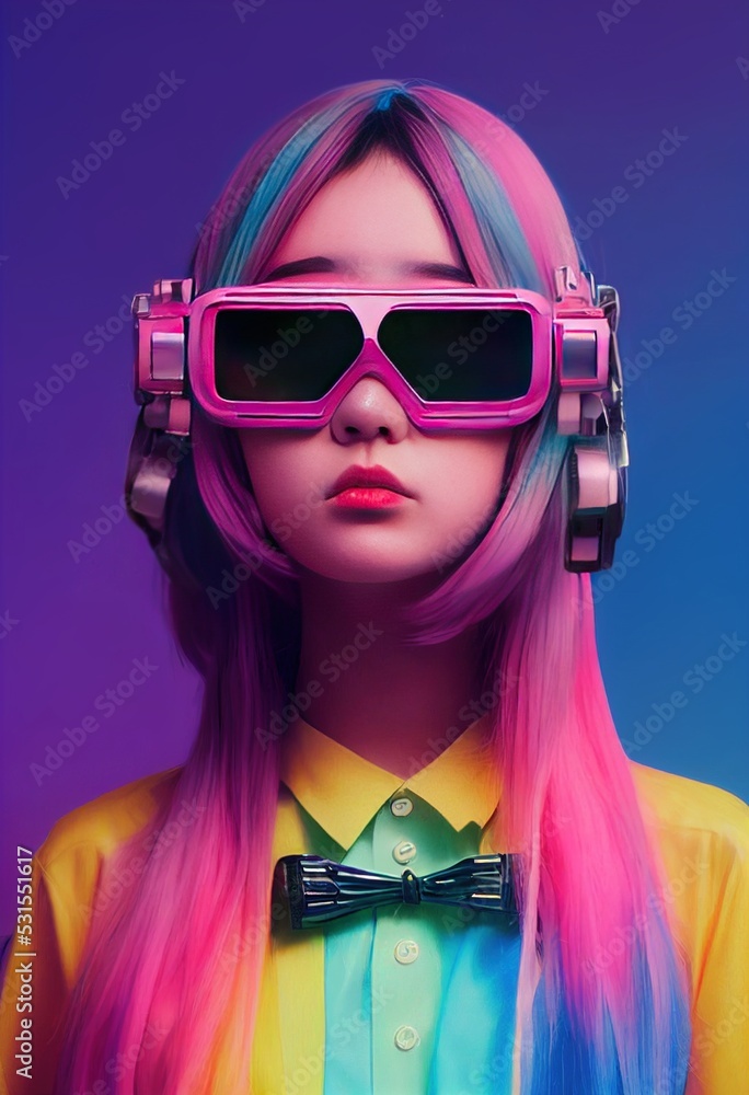 Anime girl wearing suspenders and a vaporwave goggles made from a ...