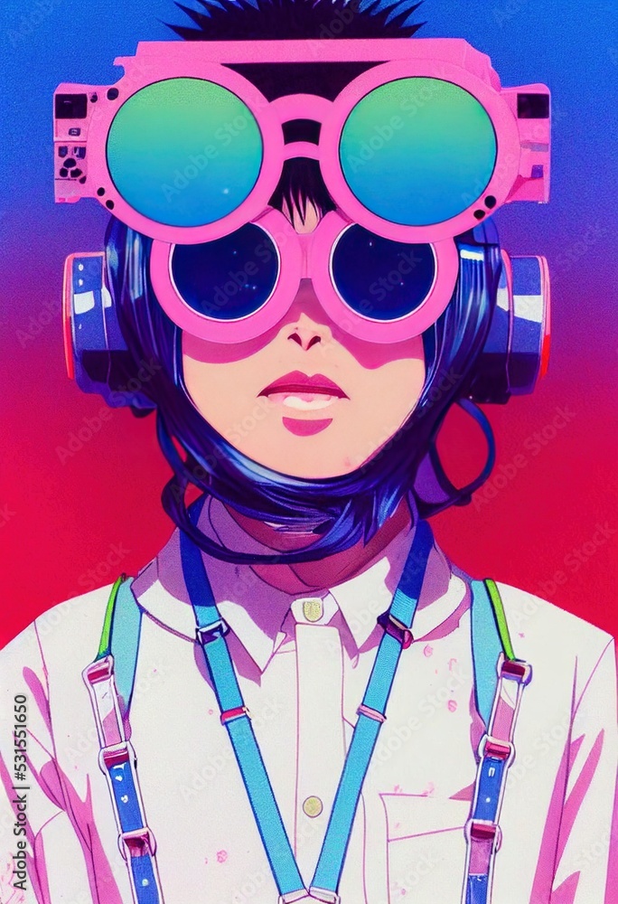 Anime girl wearing suspenders and a vaporwave goggles made from a ...