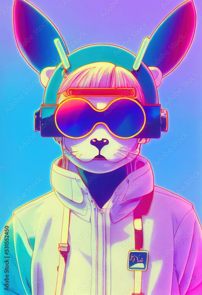 Cyberpunk Rabbit. Anime Animal wearing suspenders and a vaporwave ...