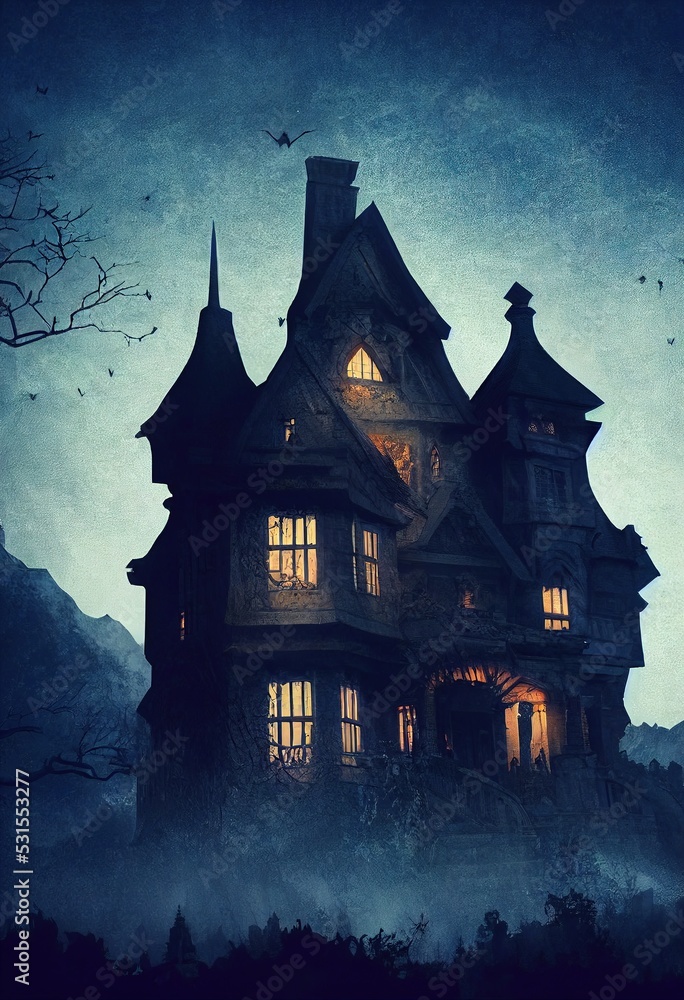 Mystical and spooky castle in the dark and in the fog. An ancient ...