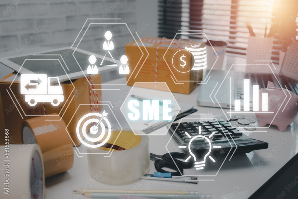 SME, Small and medium-sized enterprises, Office desk with package box ...